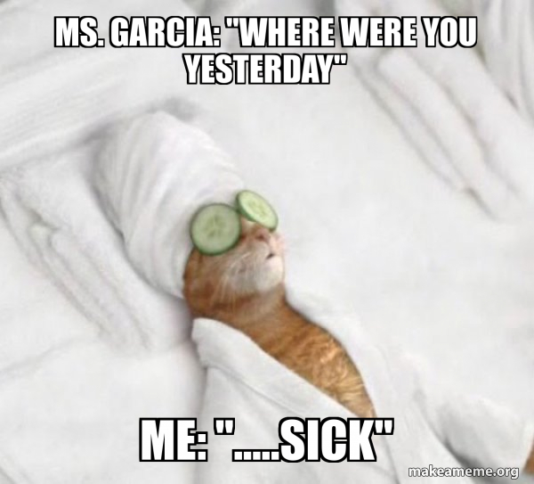 Ms. Garcia: "where were you yesterday" Me: ".....sick" - Pampered Cat ...