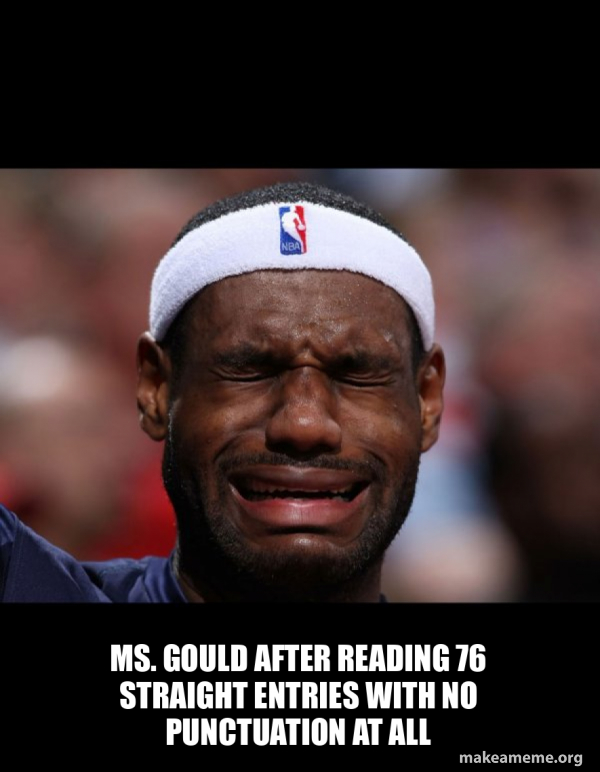 Ms. Gould after reading 76 straight entries with no punctuation at all ...