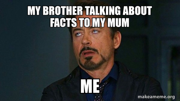 My brother talking about facts to my mum Me - Tony Stark Eye Roll Meme ...