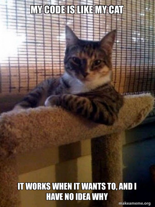 My code is like my cat it works when it wants to, and I have no idea ...