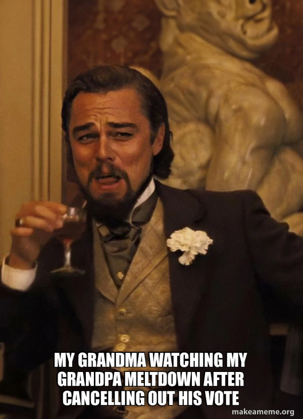 My grandma watching my grandpa meltdown after cancelling out his vote ...