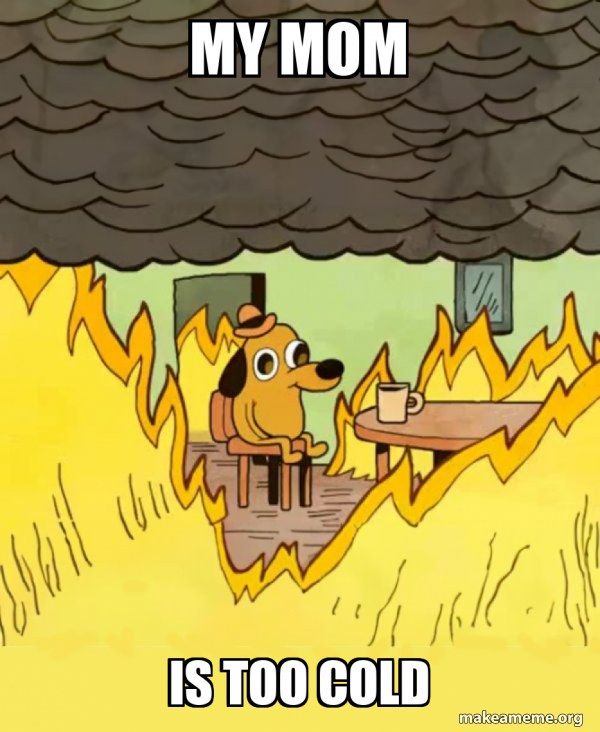 my mom is too cold - This Is Fine Meme Generator