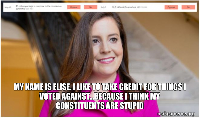 My name is Elise. I like to take credit for things I voted against ...