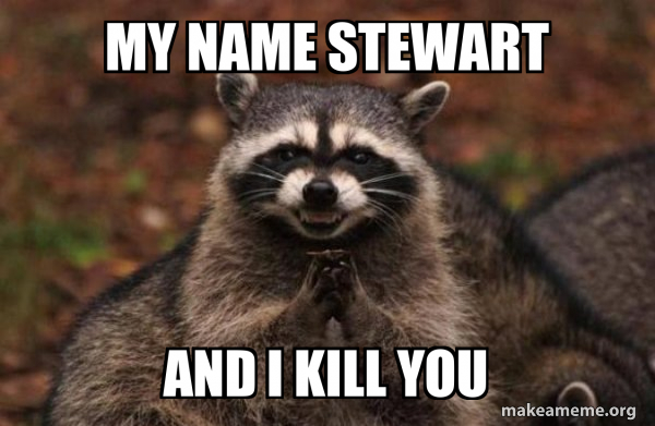 my name stewart and i KILL YOU - Evil Plotting Raccoon Meme Generator