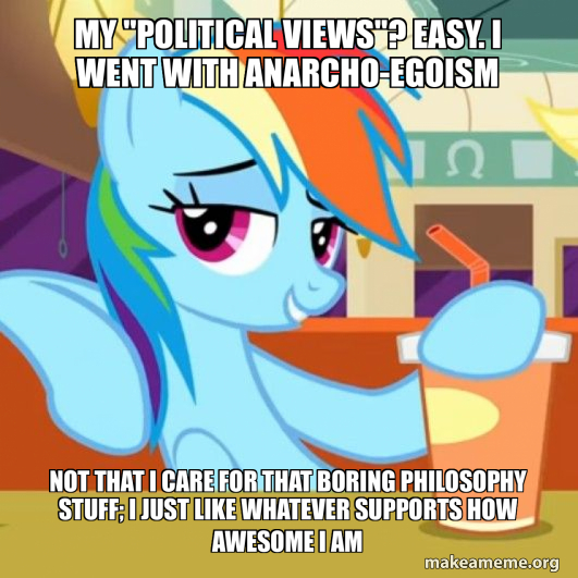 My "political views"? Easy. I went with anarcho-egoism not that I care ...