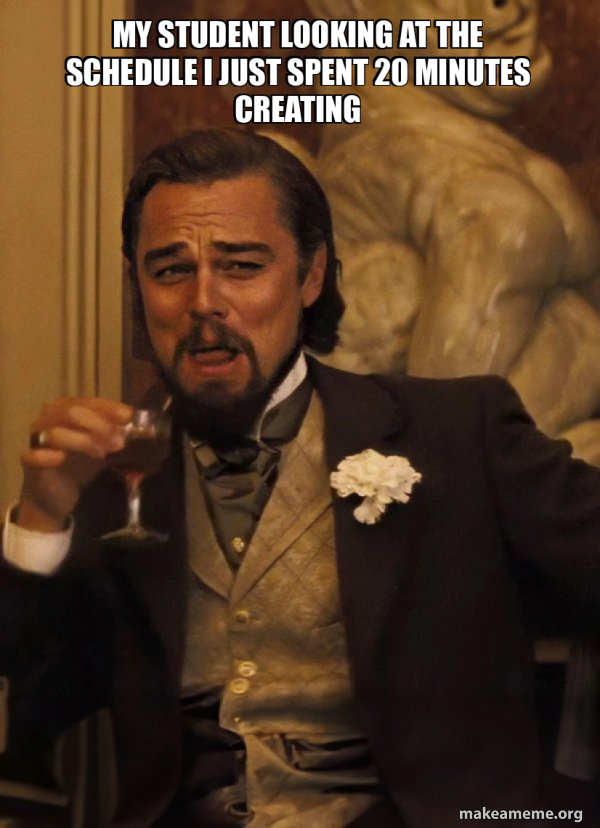 My student looking at the schedule I just spent 20 minutes creating ...