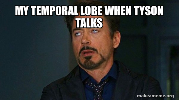 My temporal lobe when Tyson talks - Tony Stark Eye Roll Meme Generator