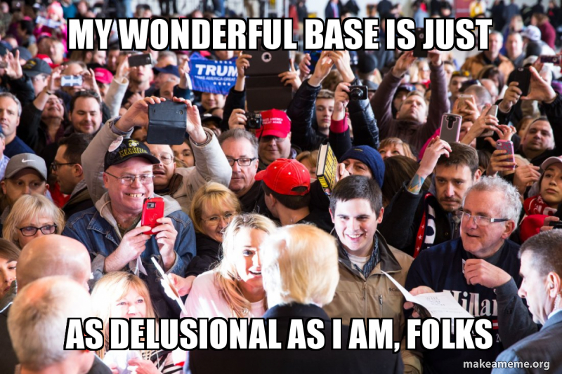 my wonderful base is just as delusional as I am, folks Meme Generator