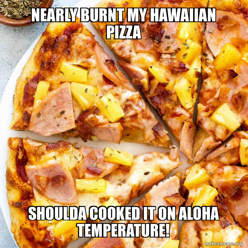 Nearly burnt my hawaiian pizza shoulda cooked it on aloha temperature ...