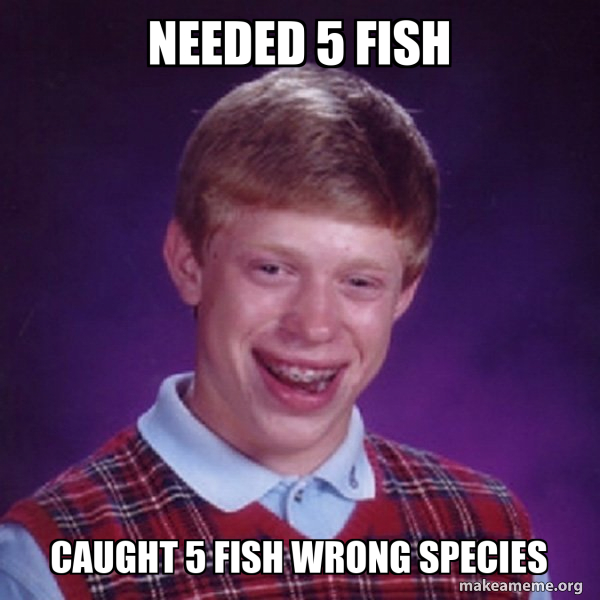 Needed 5 Fish Caught 5 fish Wrong species - Bad Luck Brian Meme Generator