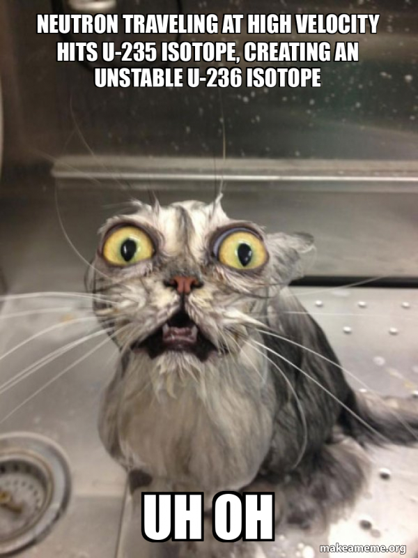 neutron traveling at high velocity hits U-235 isotope, creating an ...