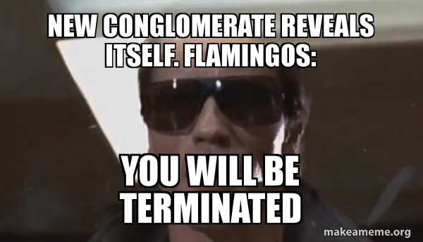 New Conglomerate reveals itself. Flamingos: You will be terminated - The Terminator Meme Generator