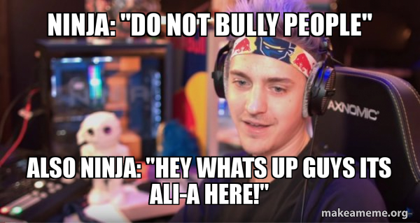 Ninja: "DO NOT BULLY PEOPLE" Also Ninja: "HEY WHATS UP GUYS ITS ALI-A ...