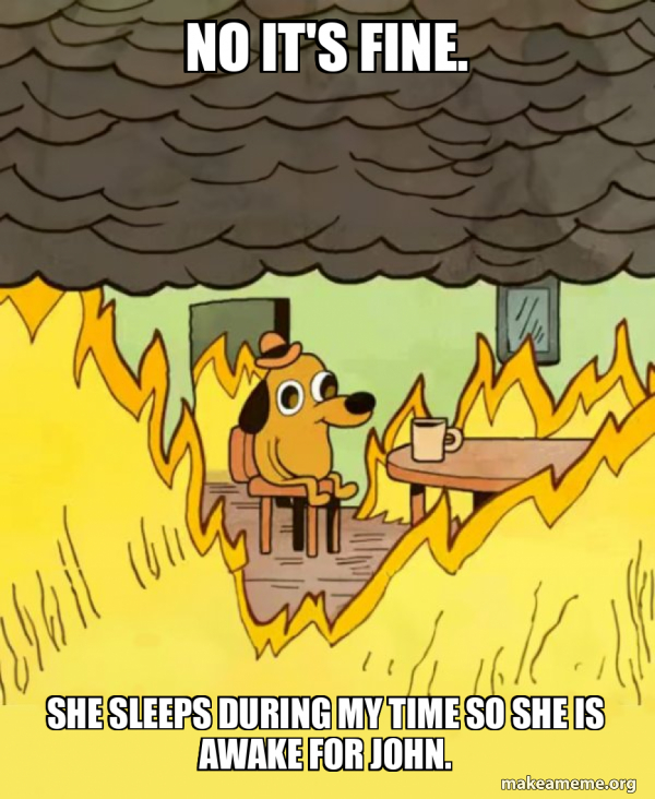 No it's fine. She sleeps during my time so she is awake for John ...