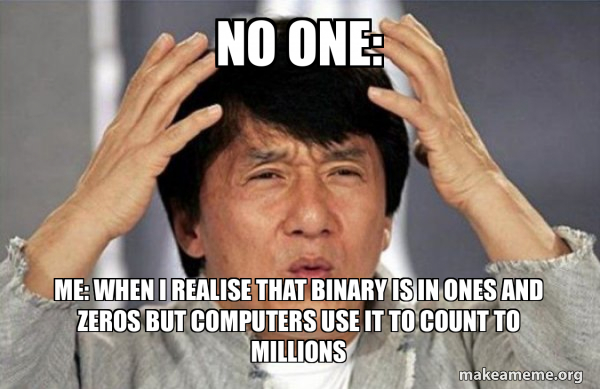 no one: me: when I realise that binary is in ones and zeros but ...