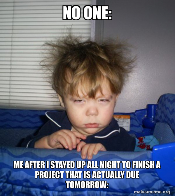 NO ONE: ME AFTER I STAYED UP ALL NIGHT TO FINISH A PROJECT THAT IS ...