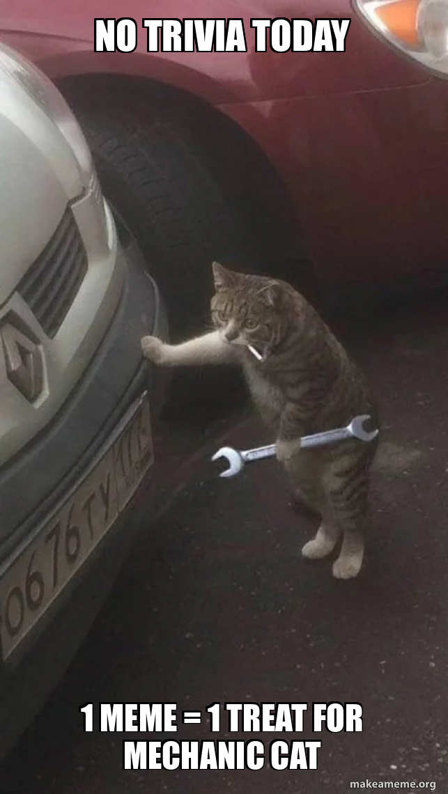 no trivia today 1 meme = 1 treat for mechanic cat - Mechanic Cat Meme ...