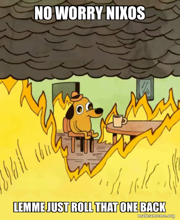 No worry NixOS Lemme just roll that one back - This Is Fine Meme Generator