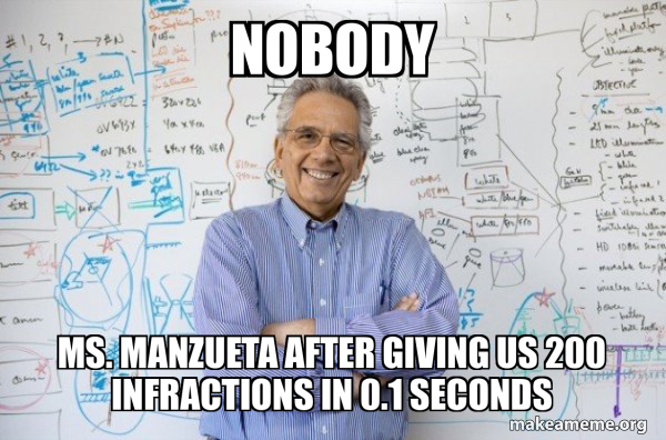 Nobody Ms. Manzueta after giving us 200 infractions in 0.1 seconds ...