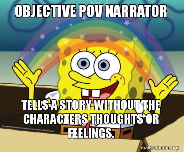 Objective pov Narrator Tells a story without the characters thoughts or ...