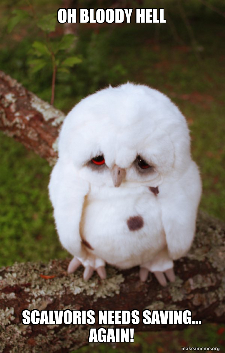 Oh bloody hell Scalvoris needs saving... AGAIN! - Sad Owl Meme Generator