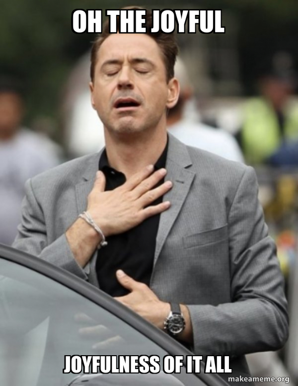 oh the joyful joyfulness of it all - Tony Stark Relief Meme Generator