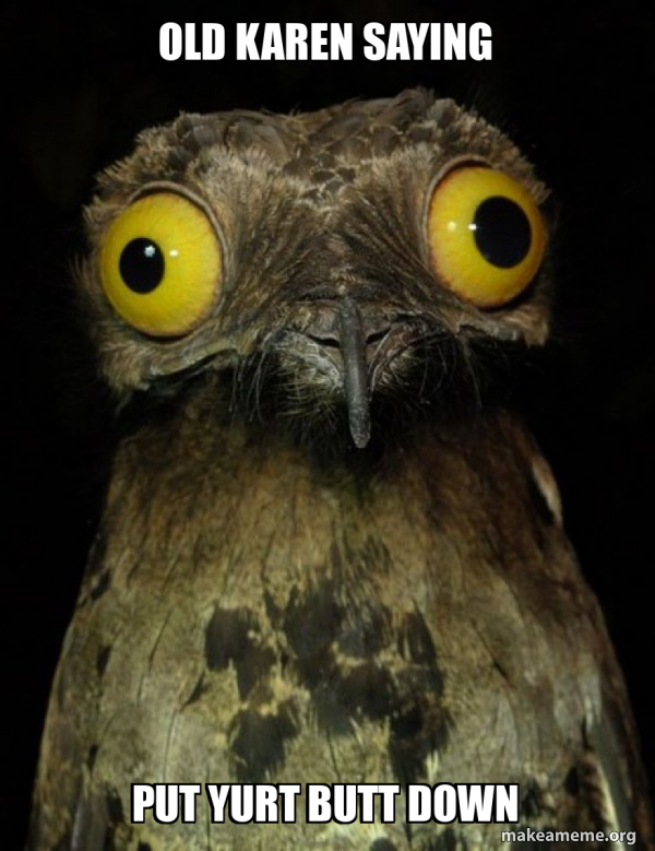 Old Karen saying Put yurt butt down - Weird Stuff I do Potoo Meme Generator