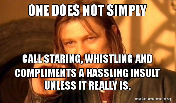 One does not simply call staring, whistling and compliments a hassling insult unless it really ...