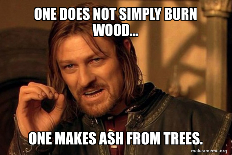 One does not simply burn wood… One makes ash from trees. Meme Generator