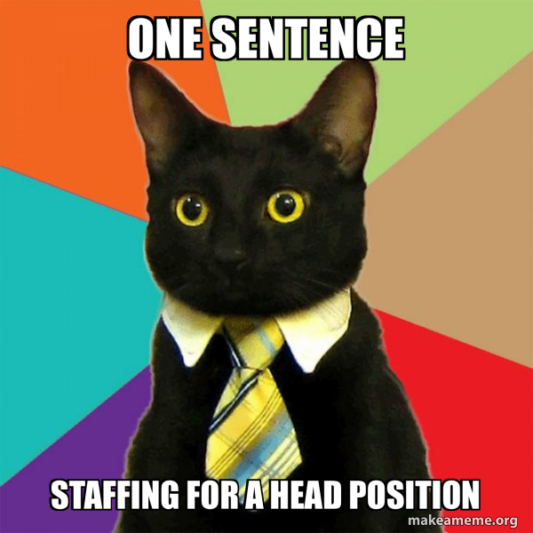 one sentence Staffing for a Head position - Business Cat Meme Generator