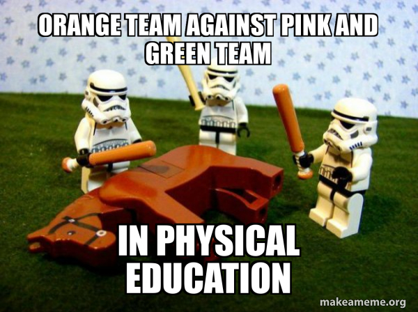 orange team against pink and green team in physical education ...