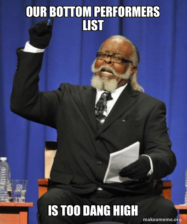 Our bottom performers list is too dang high - Too Damn HIgh Meme Generator