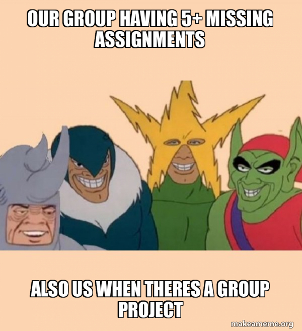 Our group having 5+ missing assignments Also us when theres a group ...