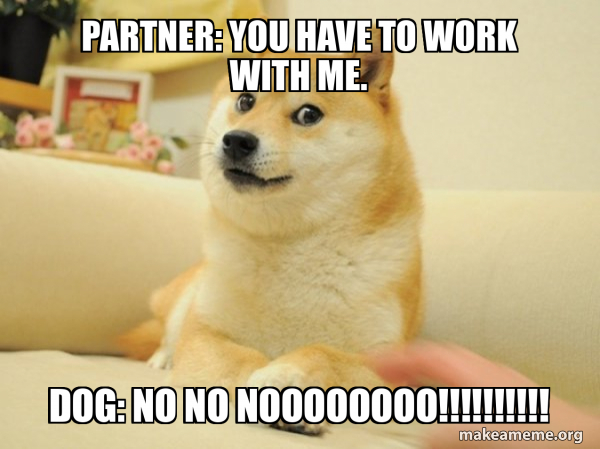 PARTNER: You have to work with me. DOG: NO NO NOOOOOOOO ...