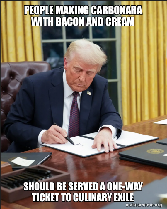 People making carbonara with bacon and cream Should be served a one-way ...