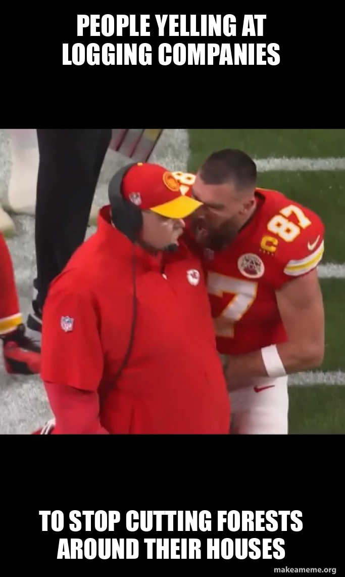 people yelling at logging companies to stop cutting forests around ...