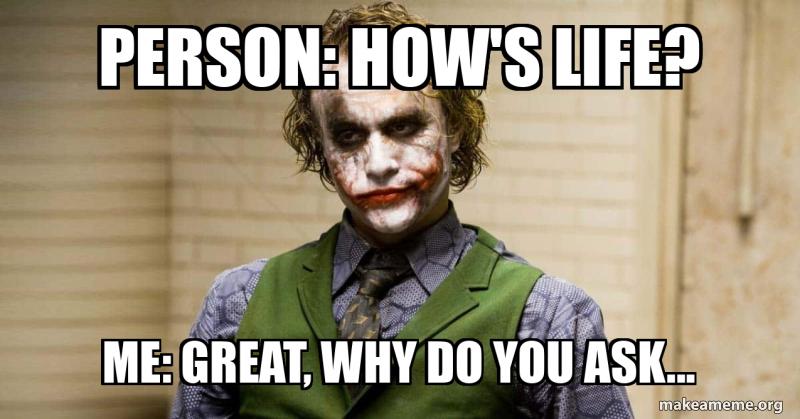 Person: How's life? Me: Great, why do you ask... Meme Generator