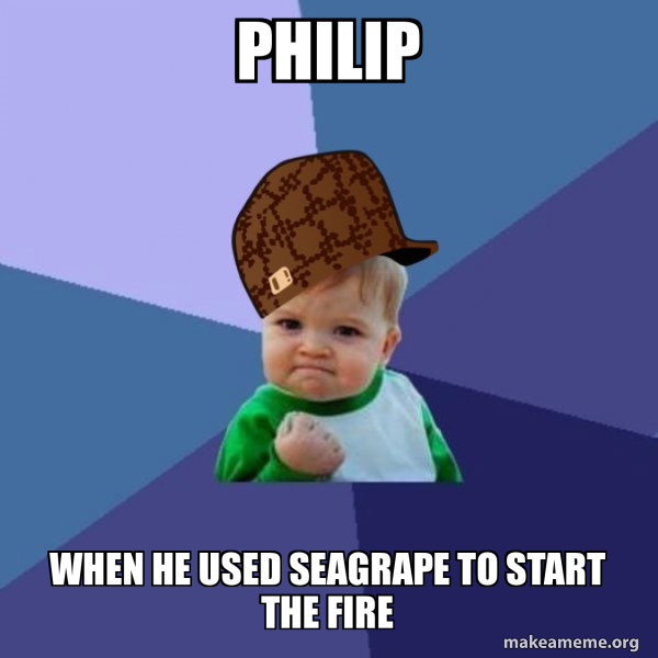 Philip when he used seagrape to start the fire - Scumbag Success Kid ...