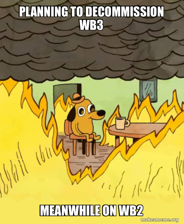 Planning to decommission WB3 Meanwhile on WB2 - This Is Fine Meme Generator