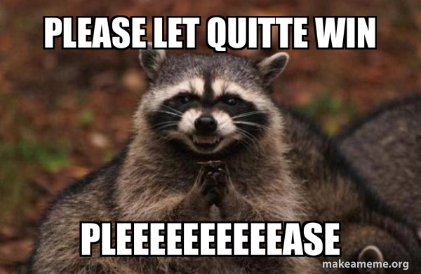 please let Quitte win Pleeeeeeeeeease - Evil Plotting Raccoon Meme Generator