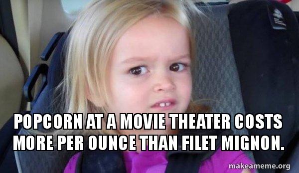 Popcorn at a movie theater costs more per ounce than filet mignon ...
