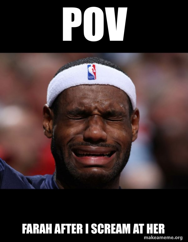 Pov Farah after I scream at her - Lebron Crying Meme Generator