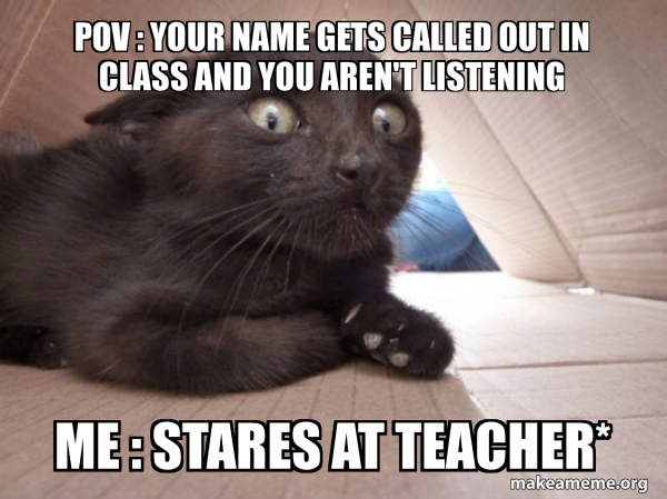 Pov : Your name gets called out in class and you aren't listening Me ...