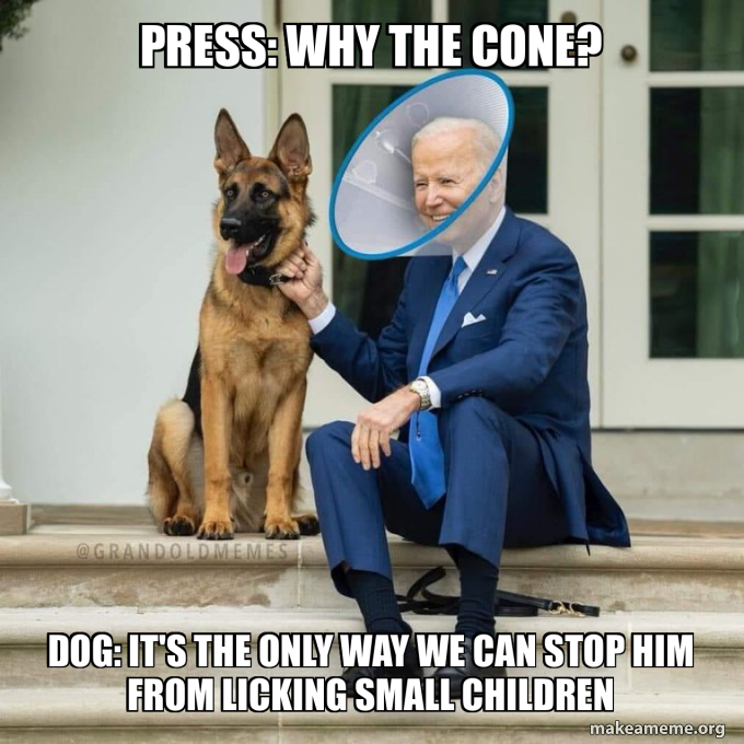 press: why the cone? dog: It's the Only way we can stop him from ...