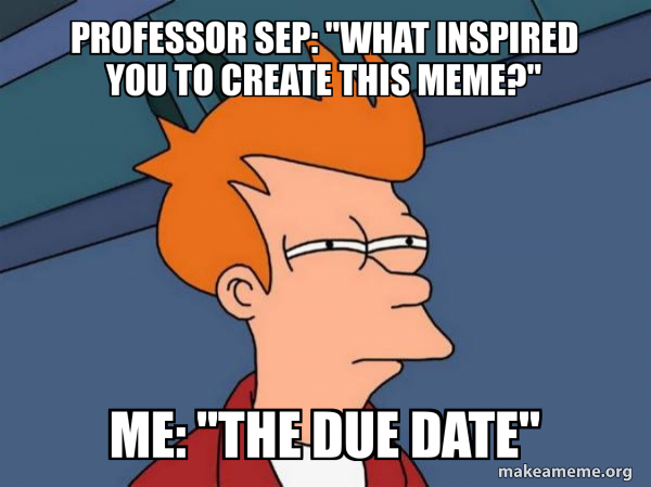 Professor Sep: "What inspired you to create this meme?" Me: "The due date" - Futurama Fry Meme ...