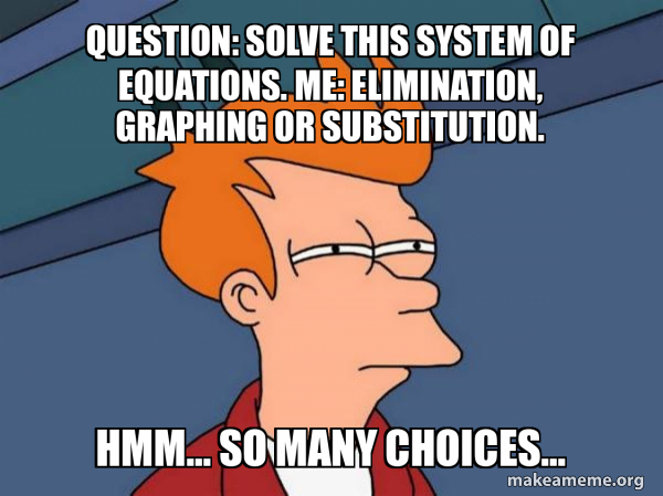 Question: Solve this system of equations. Me: Elimination, graphing or ...