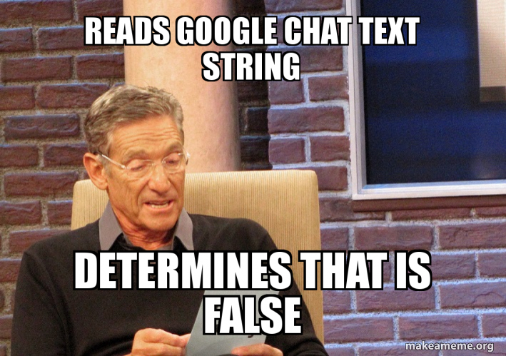 reads google chat text string determines that is false Meme Generator