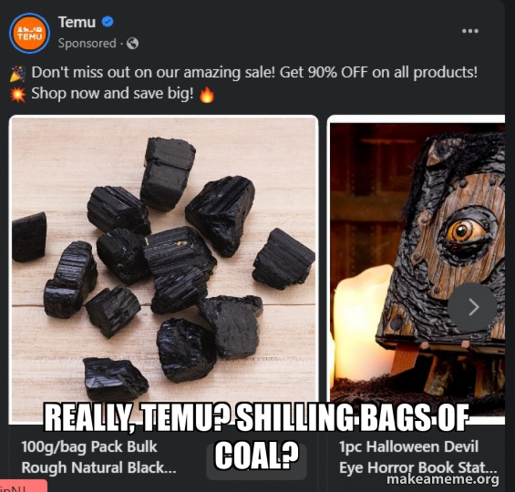 Really, temu? shilling bags of coal? Meme Generator