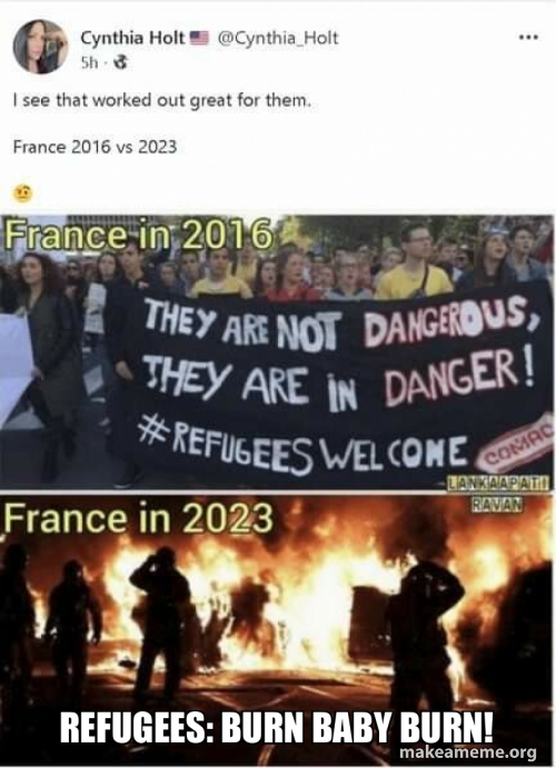 refugees: burn baby burn! Meme Generator