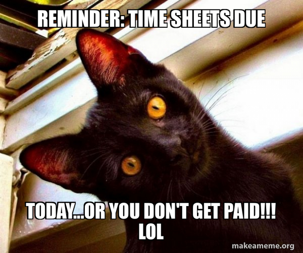 REMINDER: TIME SHEETS DUE TODAY...OR YOU DON'T GET PAID!!! LOL - Overly ...